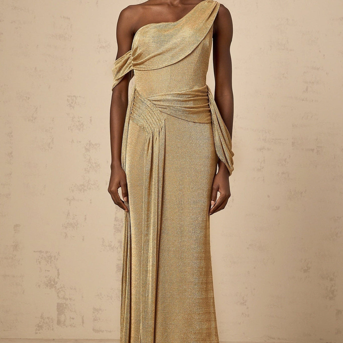 Amelia Gold Maxi Dress | Single Shoulder Strap, Ribbon Detail | Shop ...