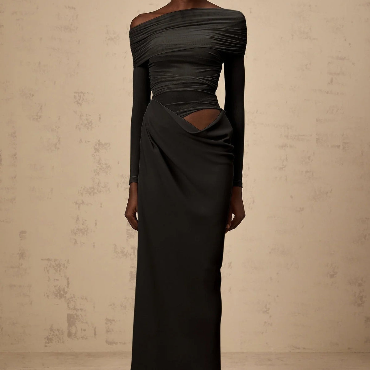 Bailey Midi Dress in Black | Off-Off the Shoulder Ruched | Shop Now ...