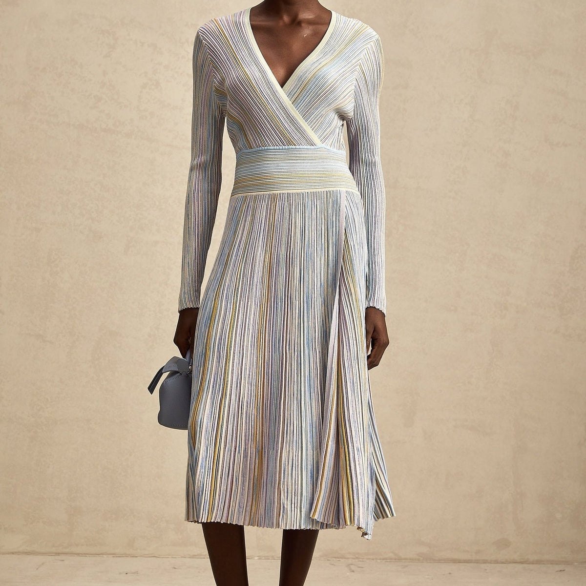 Bailey Midi Dress in Purple | V-Neck, Long Sleeves, Vertical Stripe ...