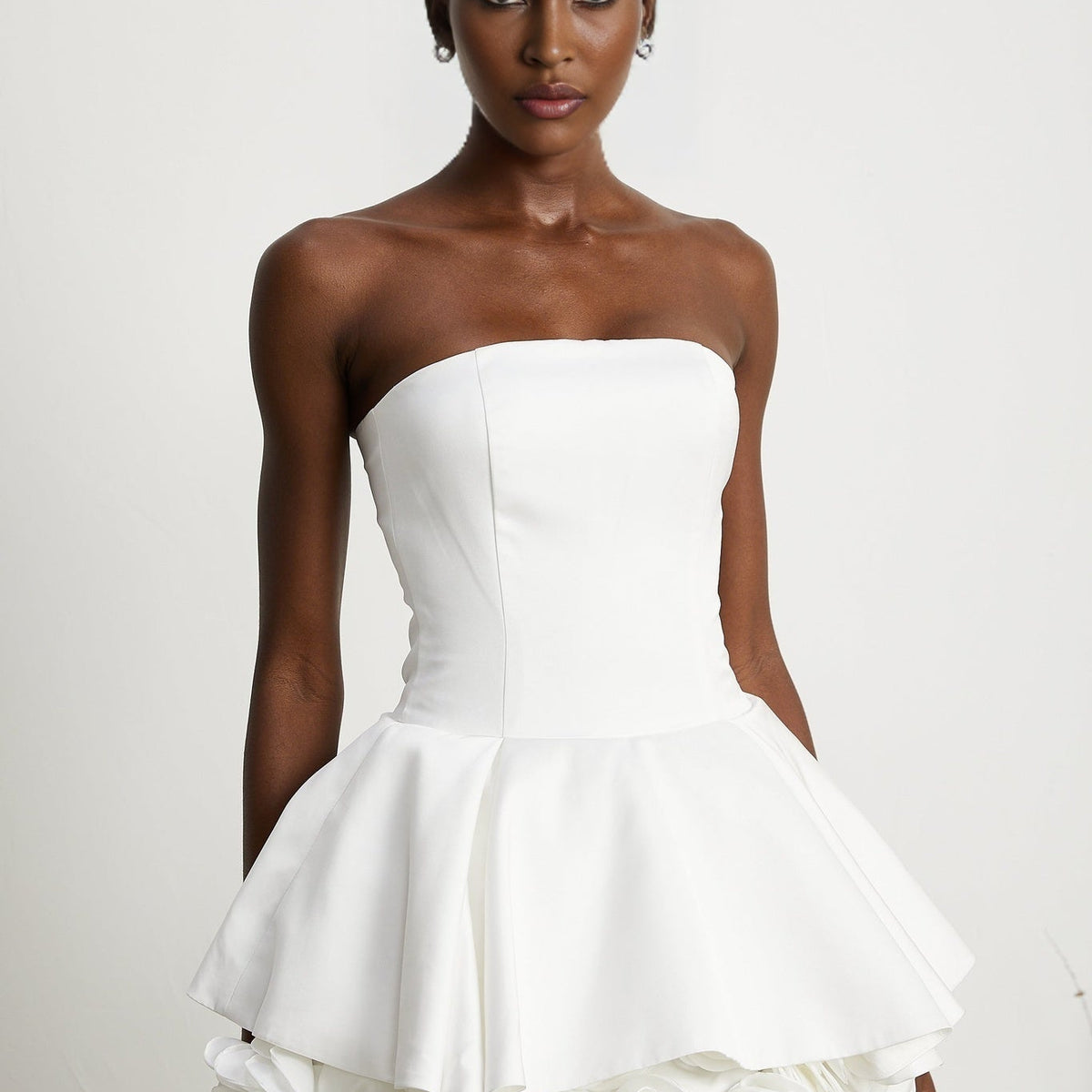 Lucie White Strapless Mini Dress With 3D Floral Hem | Shop Now ...