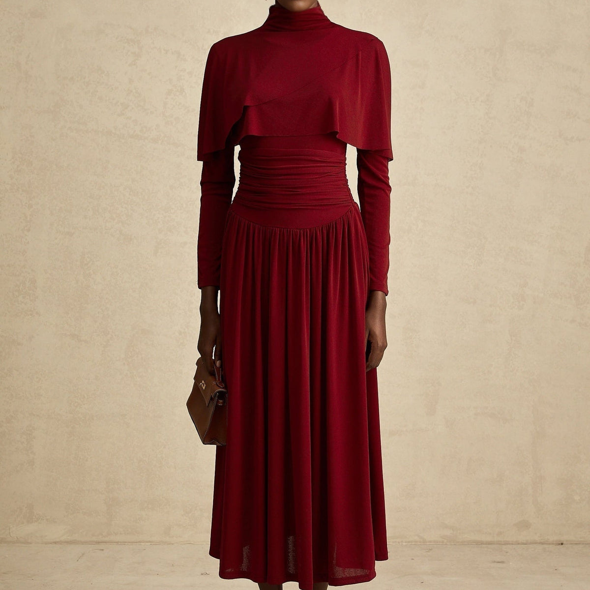 Maria Midi Dress in Red | Mock Mock Neck & Ruched Detailing | Shop Now ...
