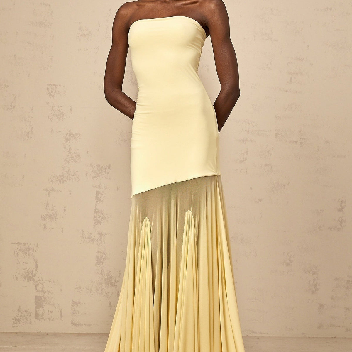 Marisa Yellow Maxi Dress | Off-Shoulder, Semi-Sheer Tulle Pleated ...