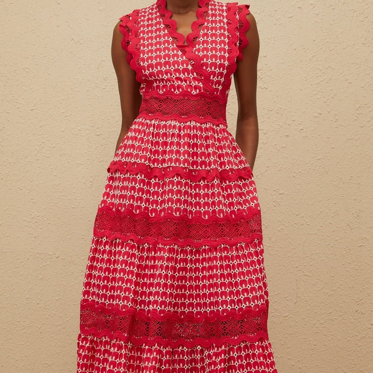 Valentina Maxi Dress in Red | Lace Panel Layered Scallop Trim | Shop ...