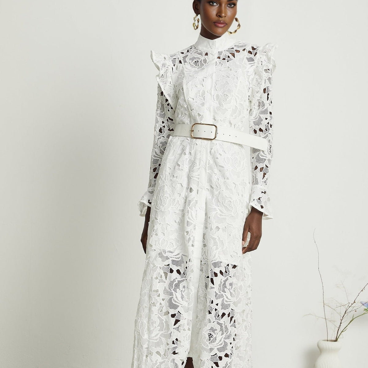 Noémie White Floral Lace Midi Dress With Belt | Shop Now! – Jacqueline ...