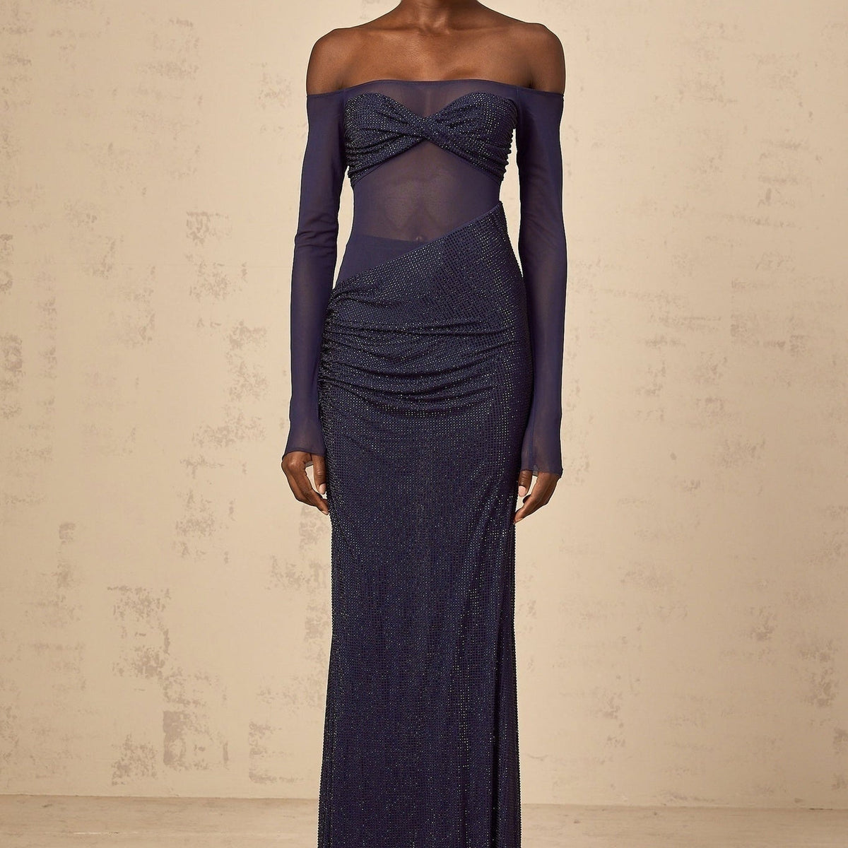 Rosalba Blue Maxi Dress | Off-Shoulder Design, Rhinestone Embellishment ...